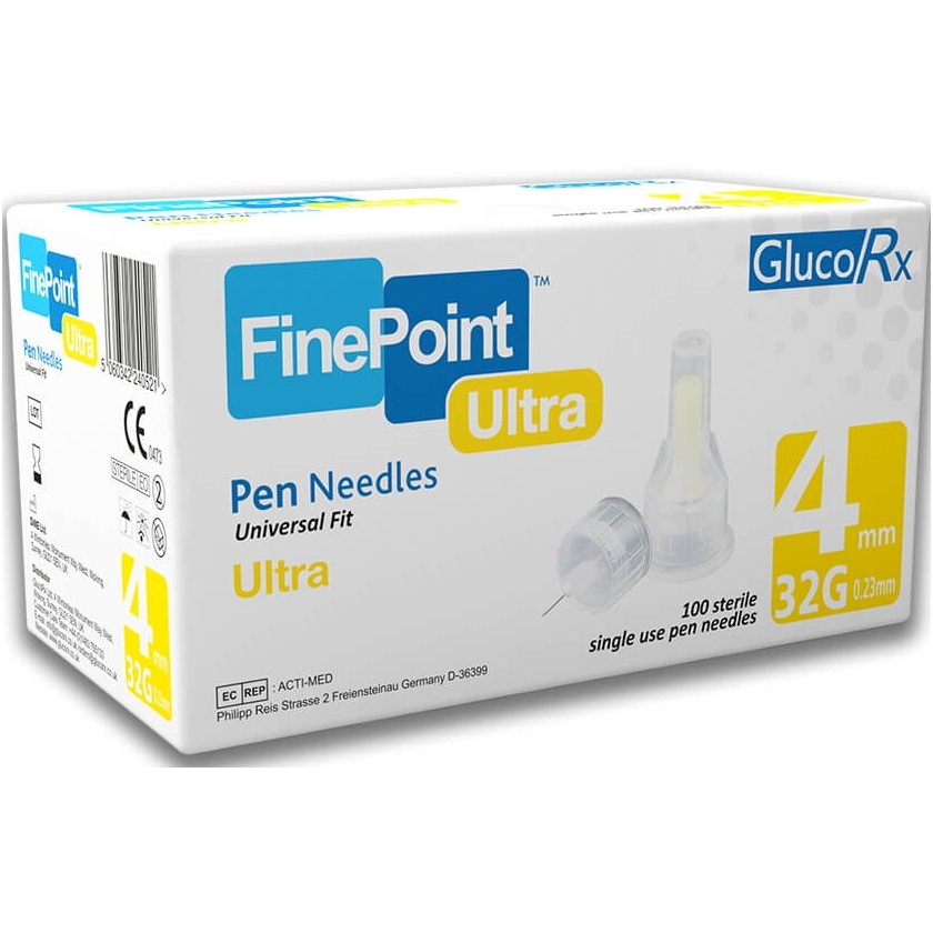 GlucoRx FinePoint Ultra Pen Needles 4mm/32G 100s - Dealley